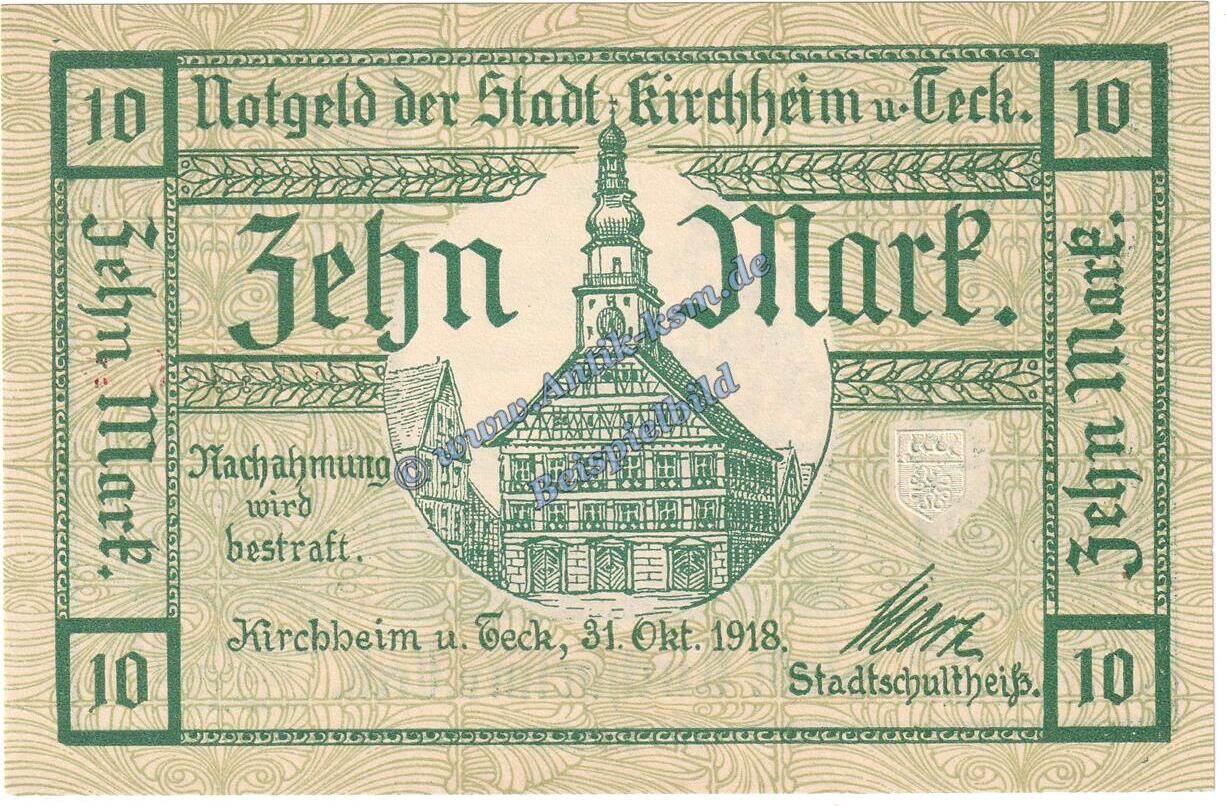 Großnotgeld De. 10 Mk. Kirchheim + Teck, Banknote 10 Mark Schein in kfr ...