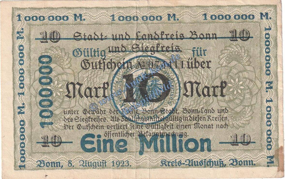 Inflation De. 1 Mio. Mk. Bonn, Banknote 1 Million Mark Schein in gbr ...