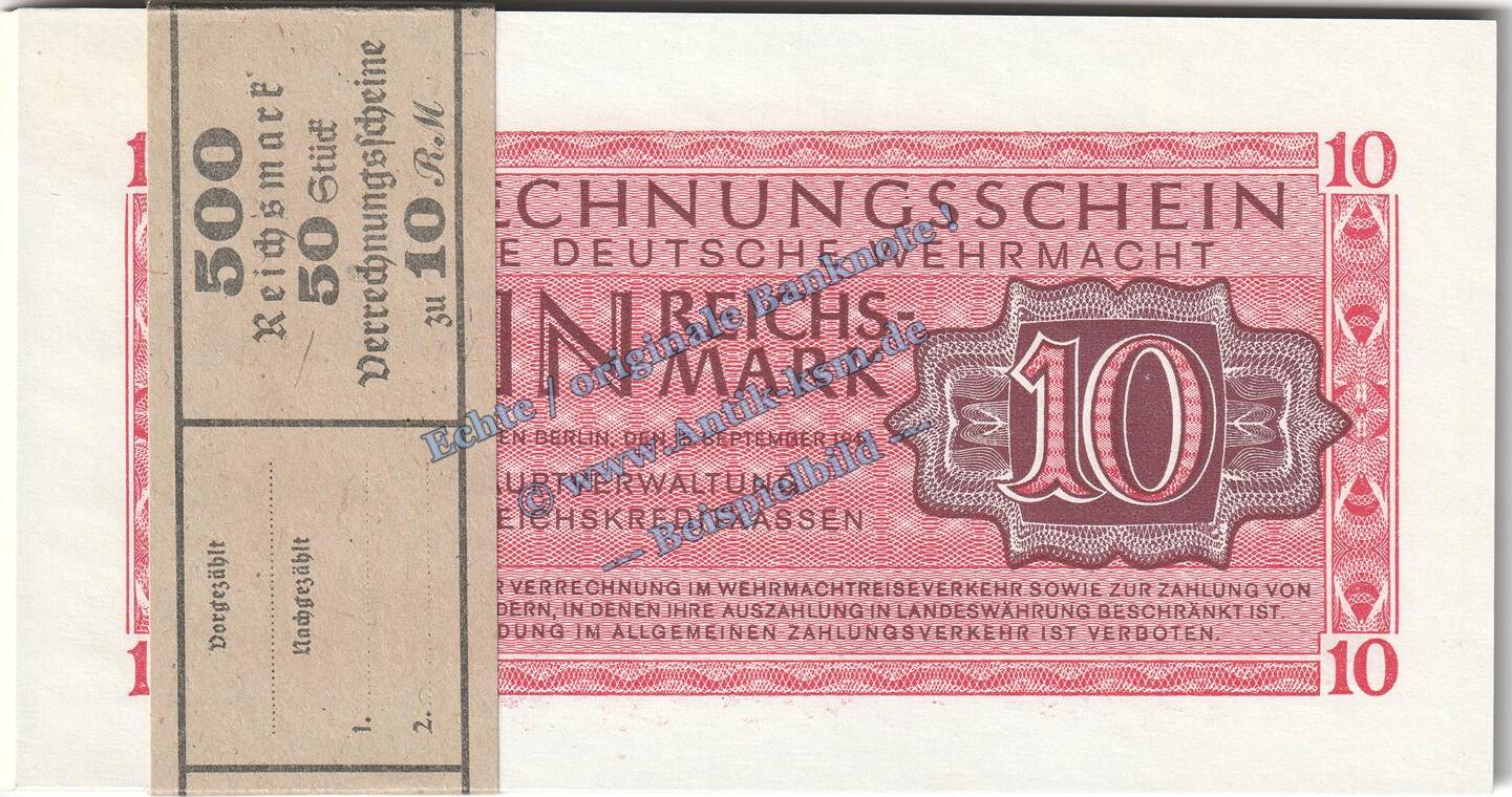 3. Reich - Wehrmacht Bündel 50 x 10 Mk. 1944 1 Bündel - 50 Scheine, 10 ...