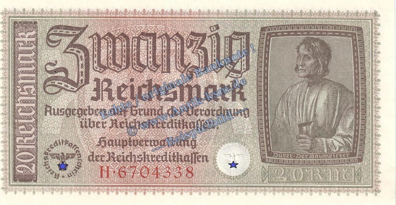 3. Reich - Reichskreditkasse 20 Mk. o.D. Banknote, 20 Reichsmark Schein ...