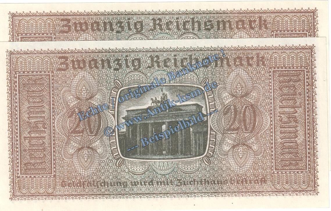 3. Reich - Reichskreditkasse 2 x 20 Mk. -Kn fortl- o.D. Banknote, 20 ...