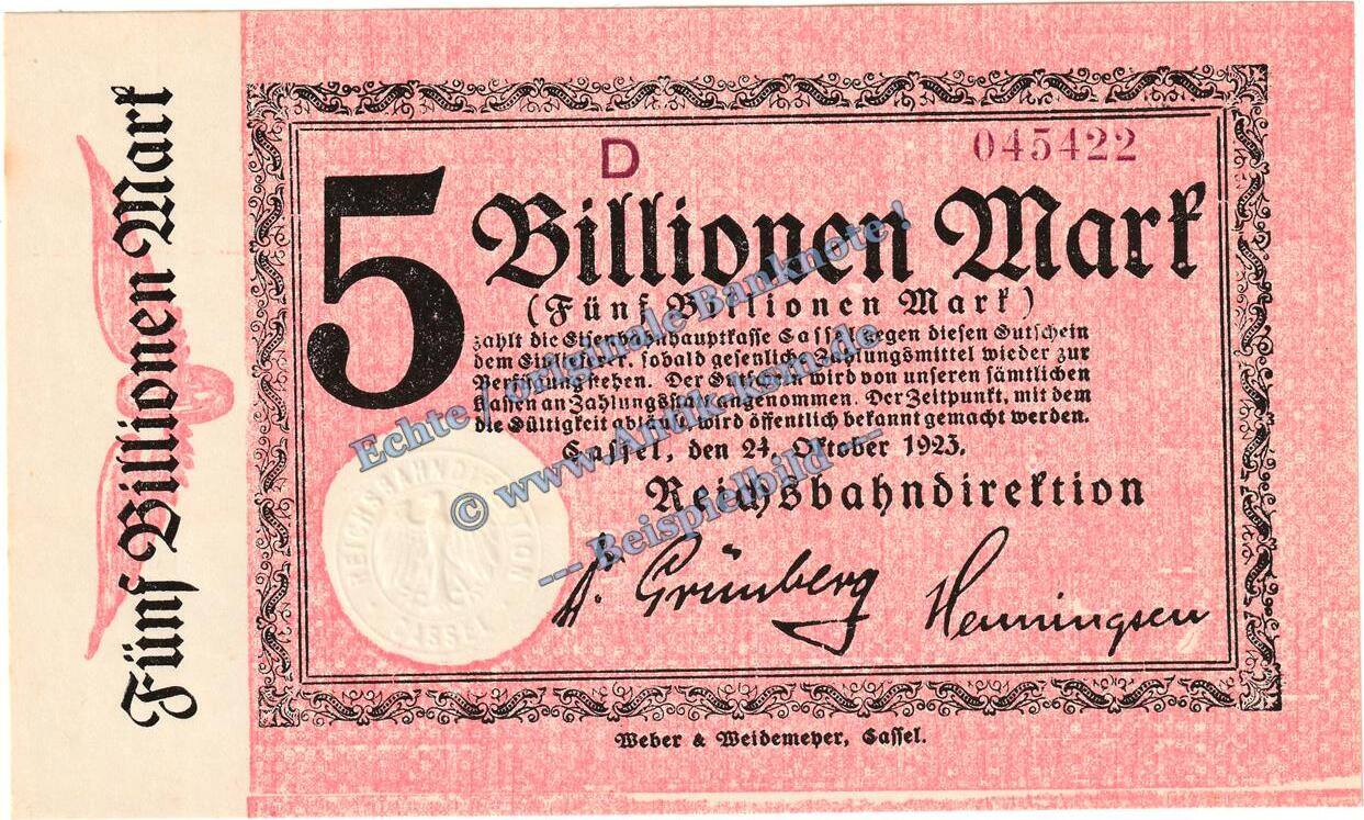 Inflation 1923 DE 5 Bio. Mk. 1923 Cassel-Kassel, Banknote 5 Billionen ...