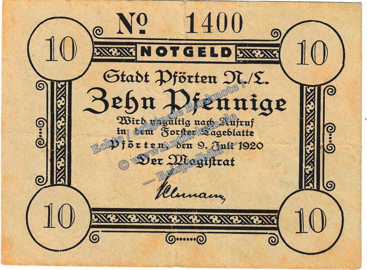 Notgeld De 10 Pf. Pförten N.L, Notgeld 10 Pfennig Schein in gbr. Tieste ...