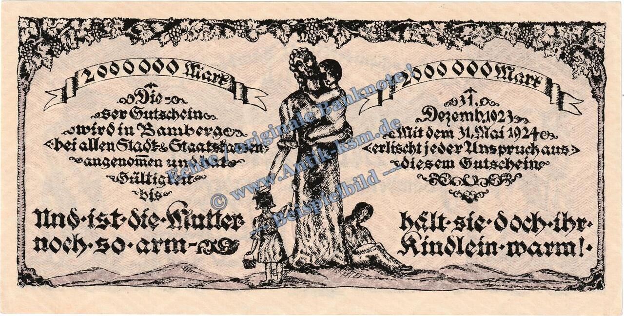 Inflation De. 2 Mio. Mk. -o.KN- 1923 Bamberg, Banknote 2 Millionen Mark ...