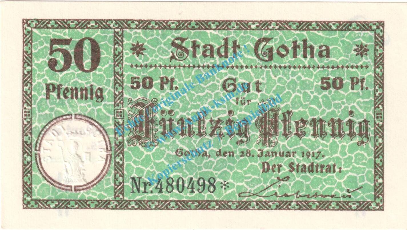 Notgeld De 50 Pf. Nr.4 -Aufdruck blau- Gotha, Notgeld 50 Pfennig Nr.4 ...