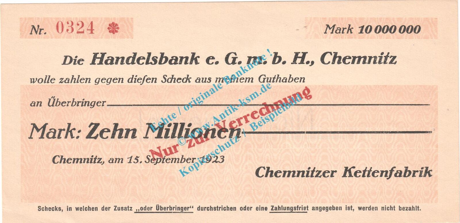 Großnotgeld Inflation 10 Mio. Mk. 1923 Chemnitz, Kettenfabrik 10 ...