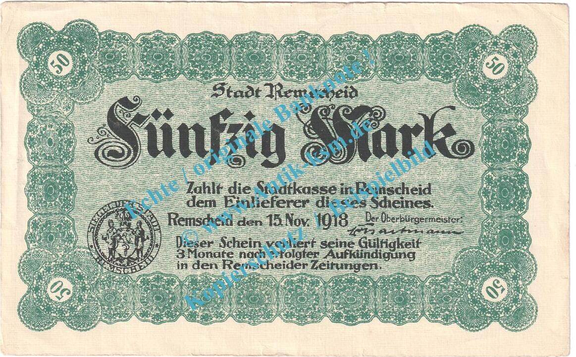 Großnotgeld 1918 DE 50 Mk. Remscheid, Banknote 50 Mark Schein in gbr ...