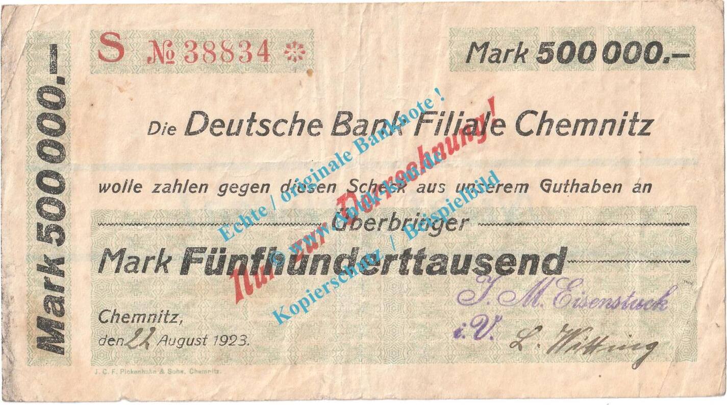 Großnotgeld Inflation 500.000 Mk. Chemnitz, Eisenstuck 500.000 Mark ...