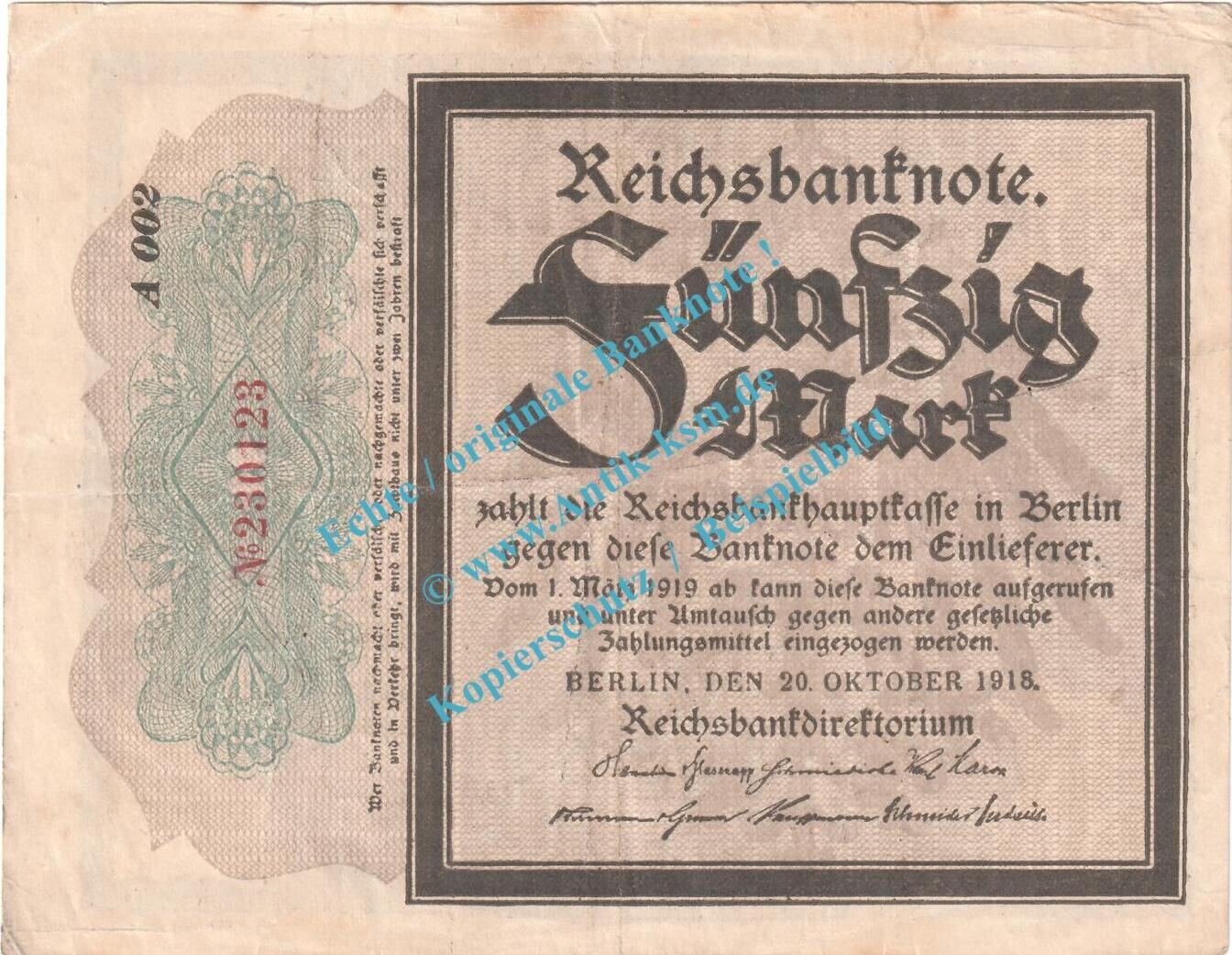 Kaiserreich DE 50 Mk. 1918 Reichsbanknote, 50 Mark Schein in gbr. DEU ...