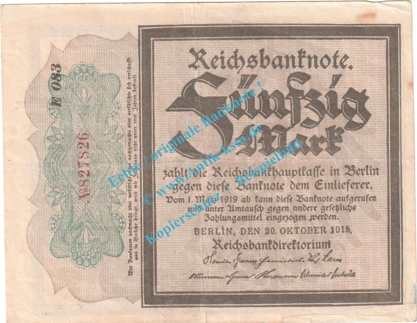 Kaiserreich DE 50 Mk. Banknote, 50 Mark Schein in gbr. DEU-44.c, Ros.56 ...