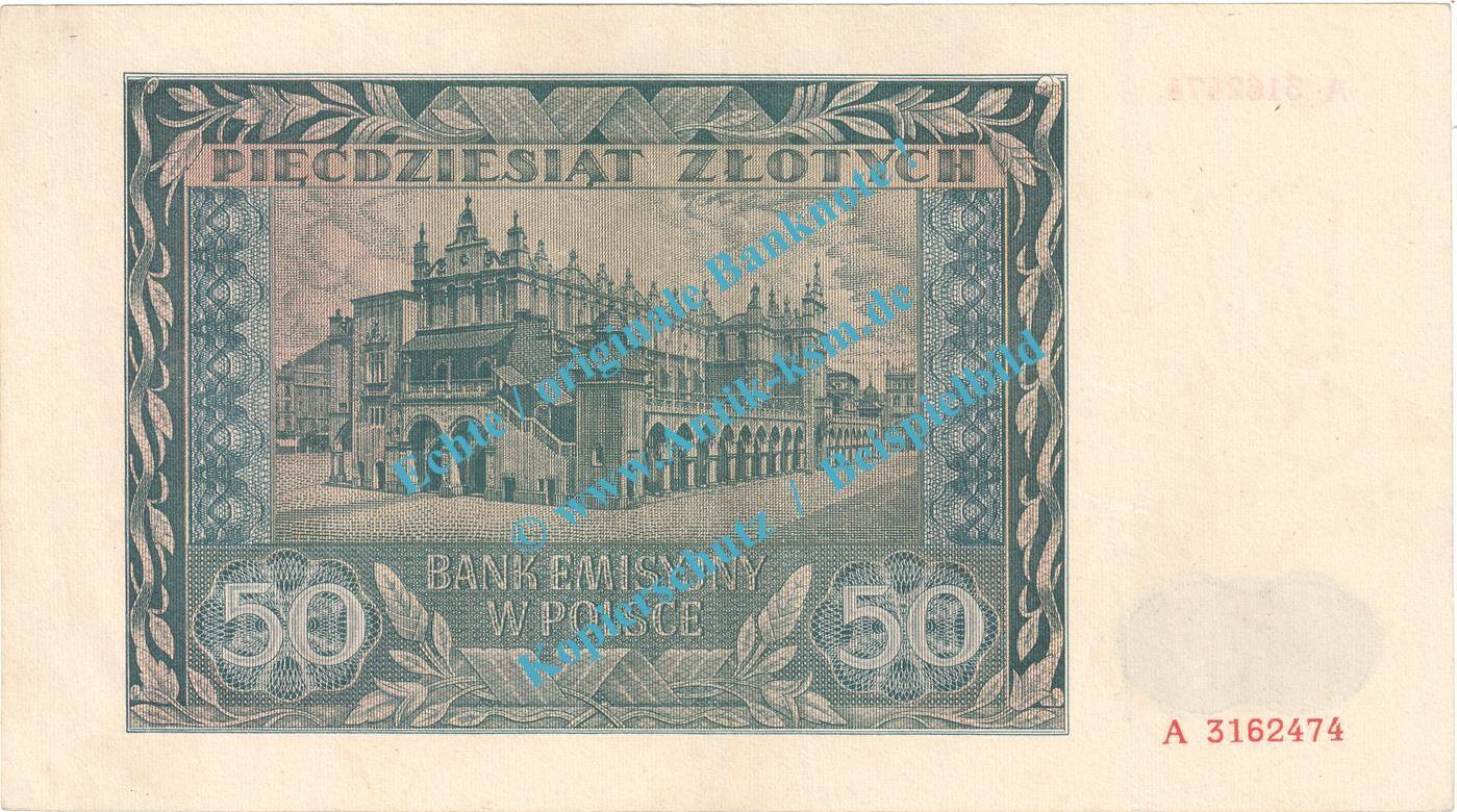 WW2 - Polen Banknote, 50 Zloty Schein in kfr. ZWK-37, P.102, Drittes ...