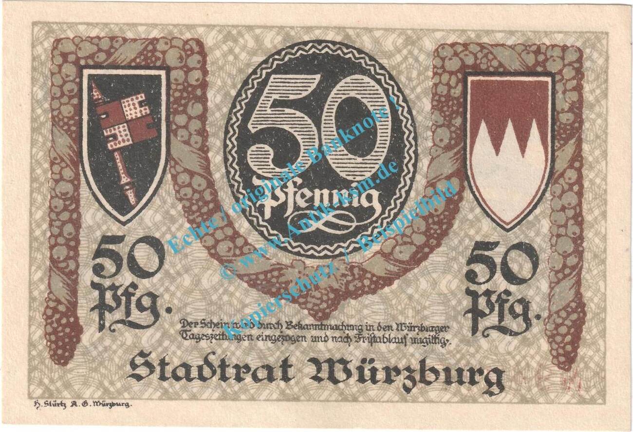 Notgeld DE 50 Pf. -KN 6- Würzburg, Notgeld 50 Pfennig Schein in kfr ...