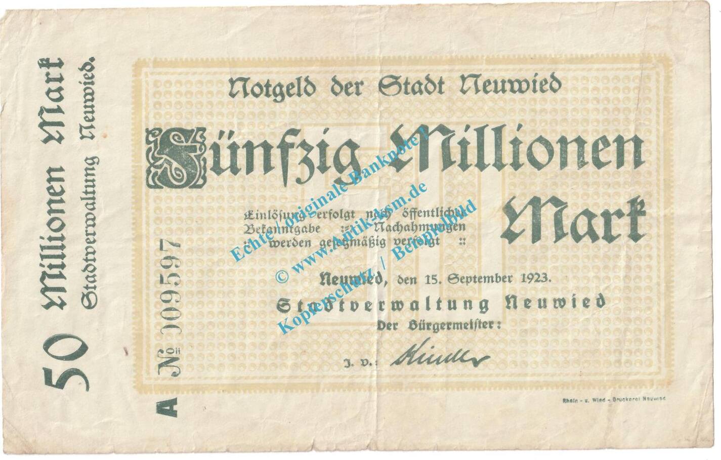 Inflation DE 50 Mio. Mk. Neuwied, Notgeld 50 Millionen Mark Schein in ...