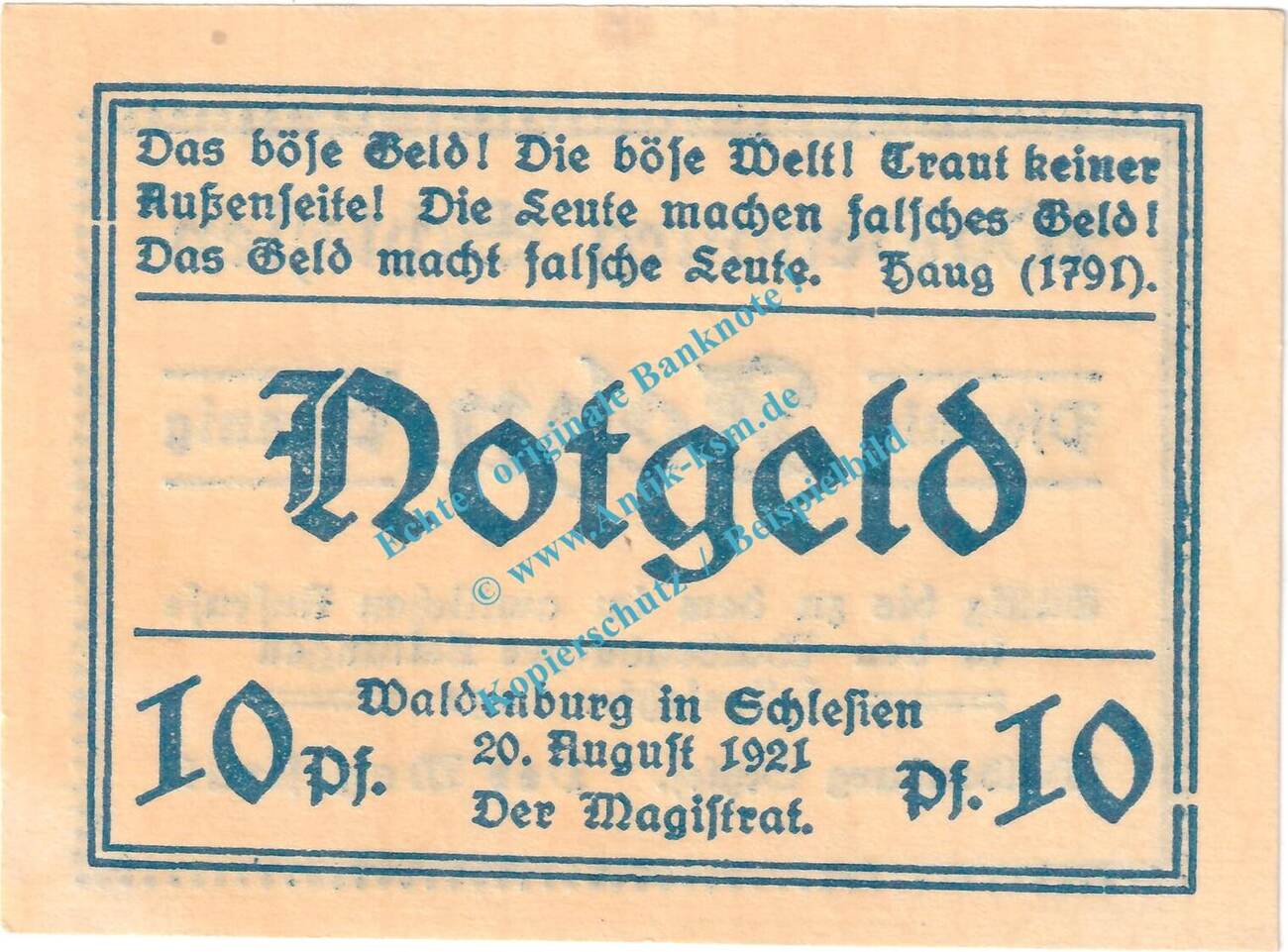 Serienscheine DE 10 Pf. Nr.9 1921 Waldenburg, Notgeld 10 Pfennig Nr.9 ...