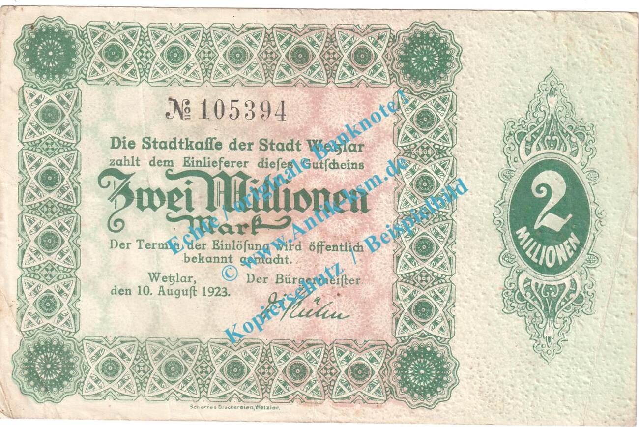 Inflation DE 2 Mio. Mk. Wetzlar, Notgeld 2 Millionen Mark Schein in gbr ...