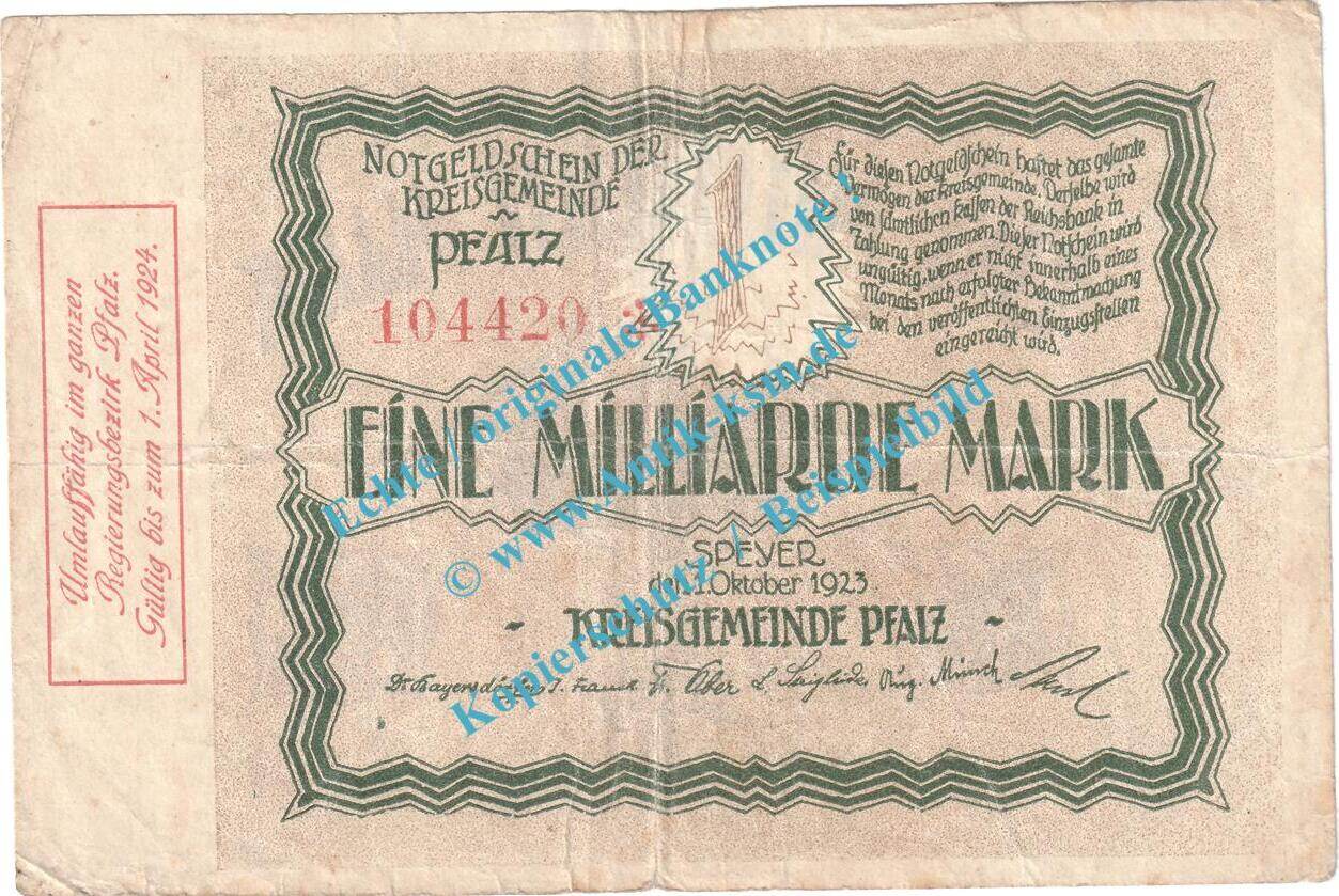 Inflation DE 1 Mia. Mk. Speyer, Notgeld 1 Milliarde Mark Schein in gbr ...