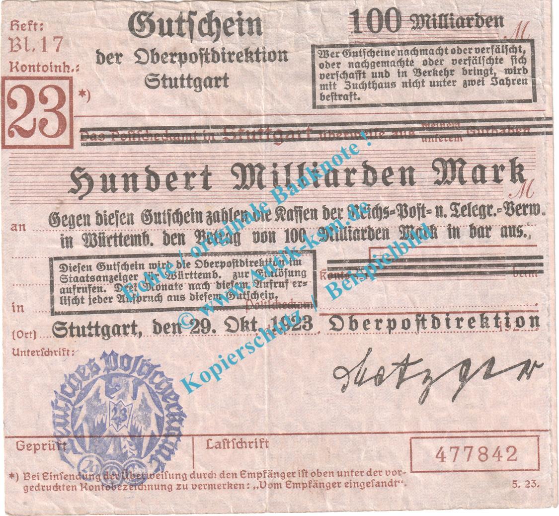 Inflation 1923 DE 100 Mia. Mk. Stuttgart, Notgeld 100 Milliarden Mark ...