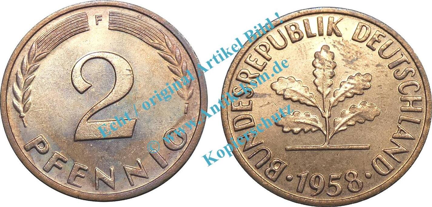 Kursmünze DE 2 Pf. Kursmünze BRD, 2 Pfennig Stück vz-Stgl. von 1958 F ...