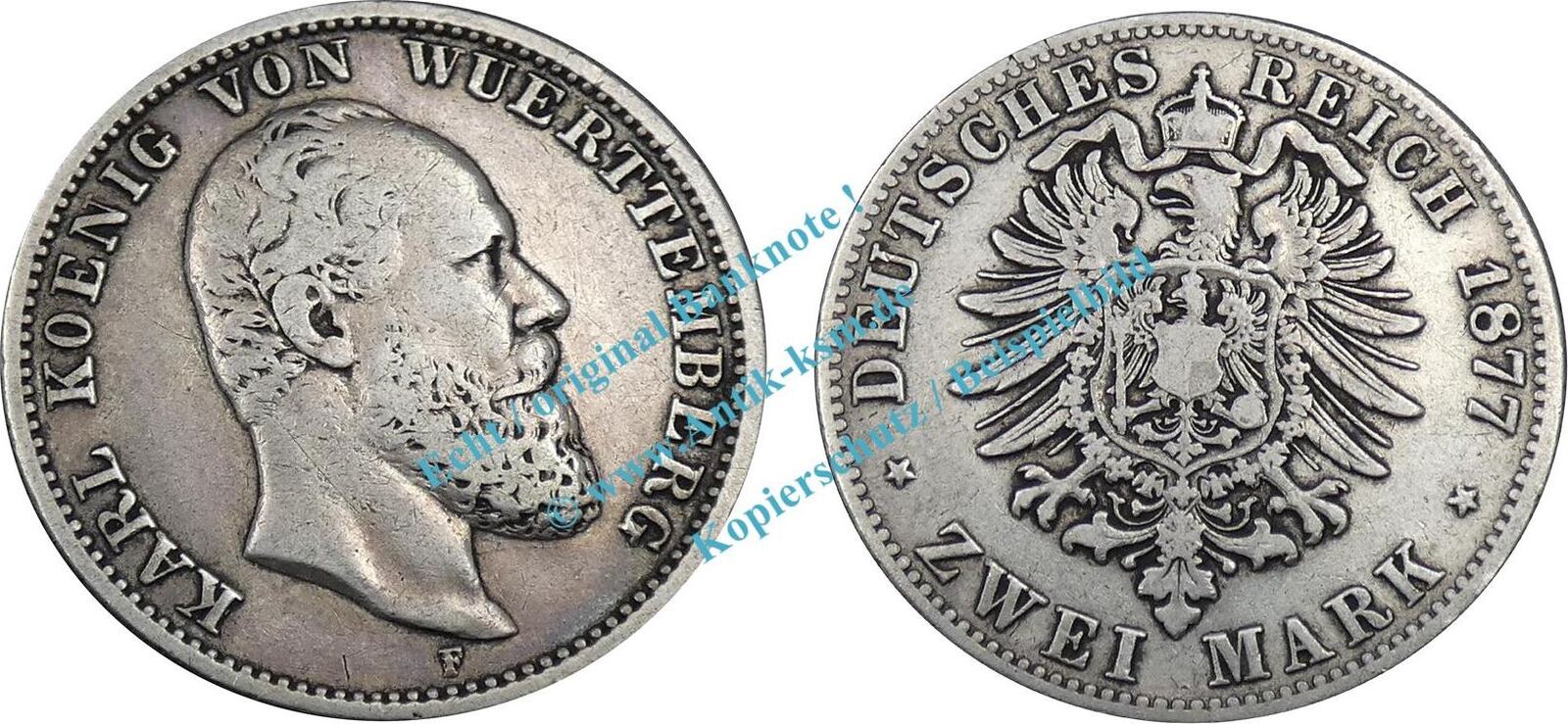 2 Mk. Kursmünze Württemberg, 2 Mark Stück -Karl- in s - ss. von 1877 F ...