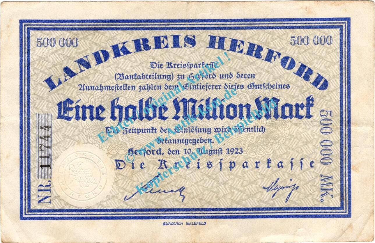 Inflation DE 1/2 Mio. Mk. Herford, Notgeld 1 halbe Million Mark in gbr ...