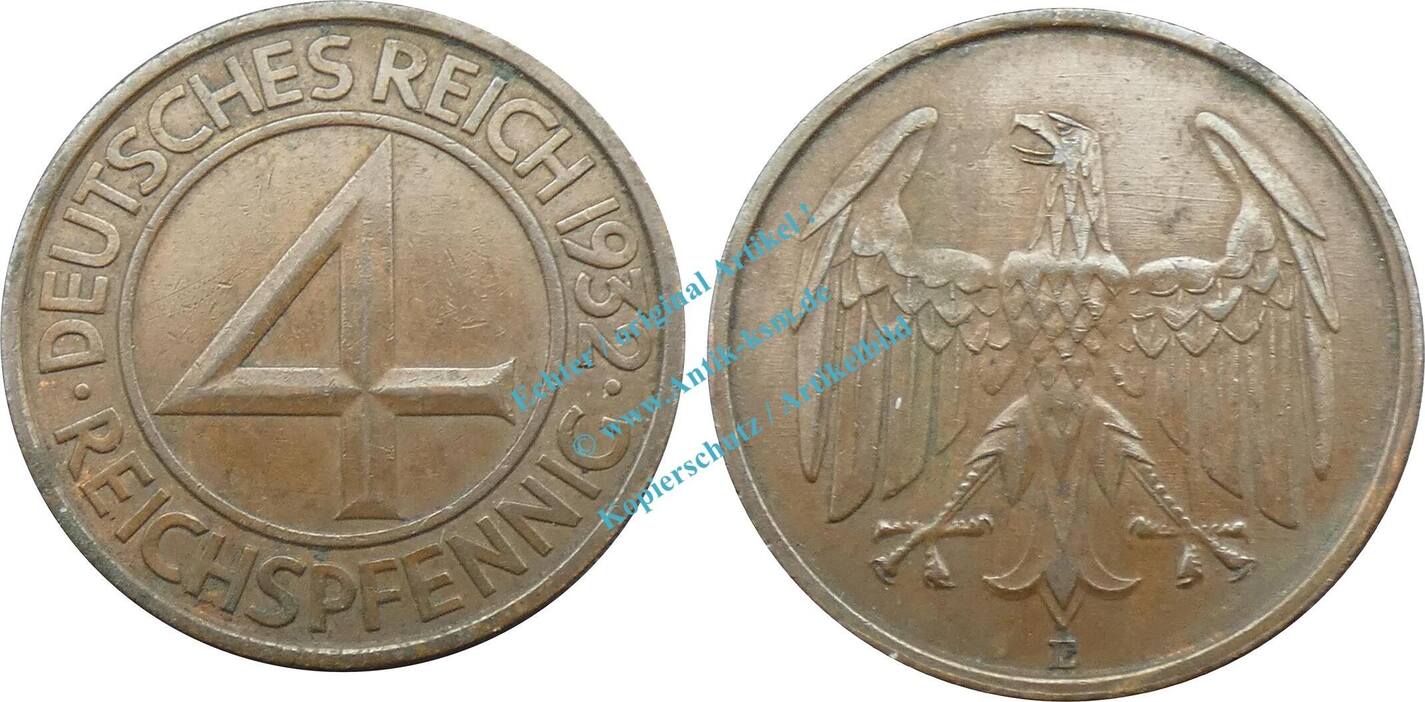 4 Pf. Kursmünze deutsches Reich, 4 Pfennig Stück ss-vz von 1932 E, J ...