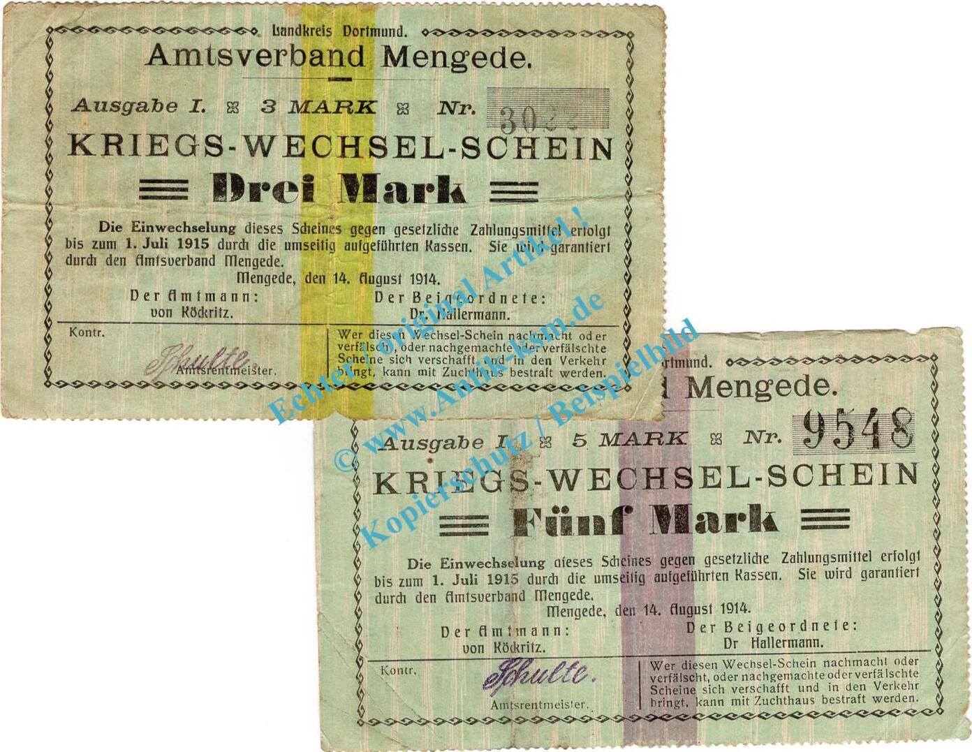 Notgeld 1914/15 Mengede, Notgeld Set mit 2 Scheinen in gbr. Diessner ...