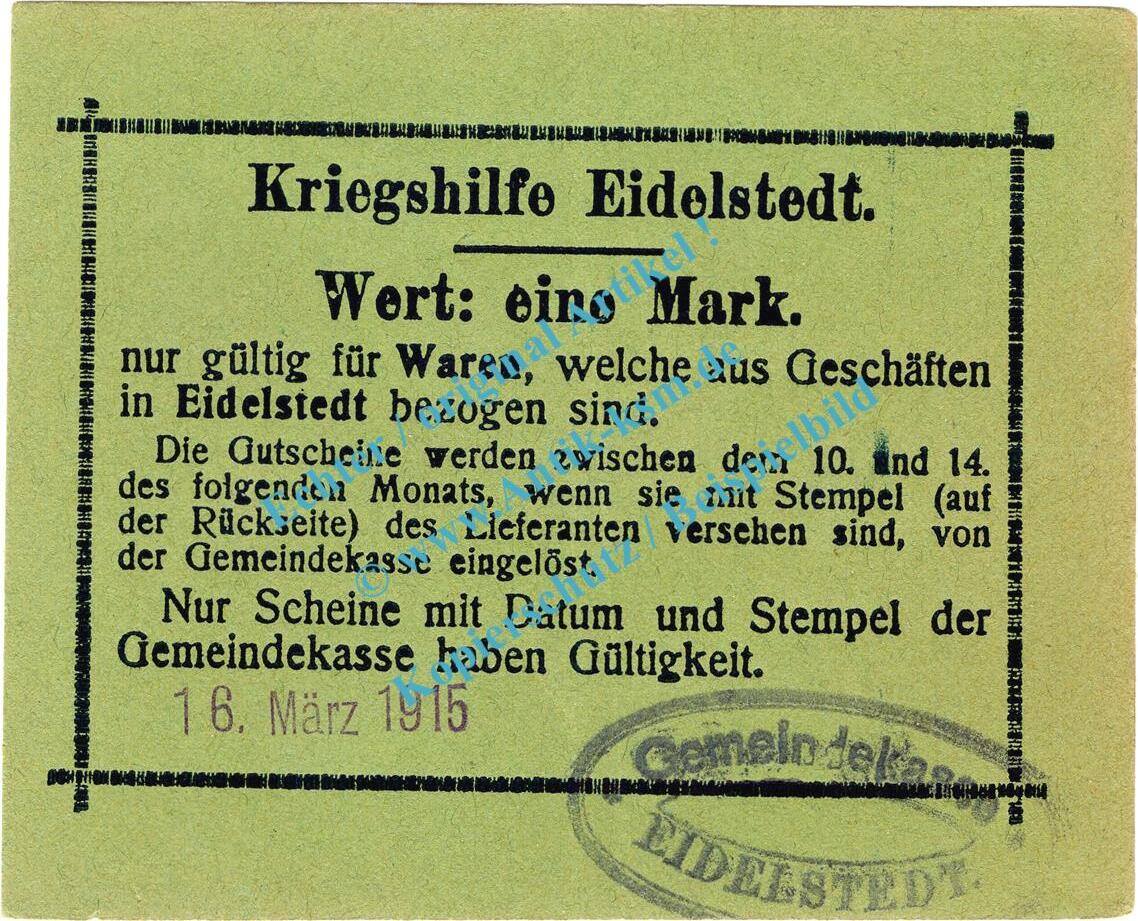 Notgeld 1914/15 1 Mk. -Scheuer- Eidelstedt, Notgeld 1 Mark -Scheuer- in ...