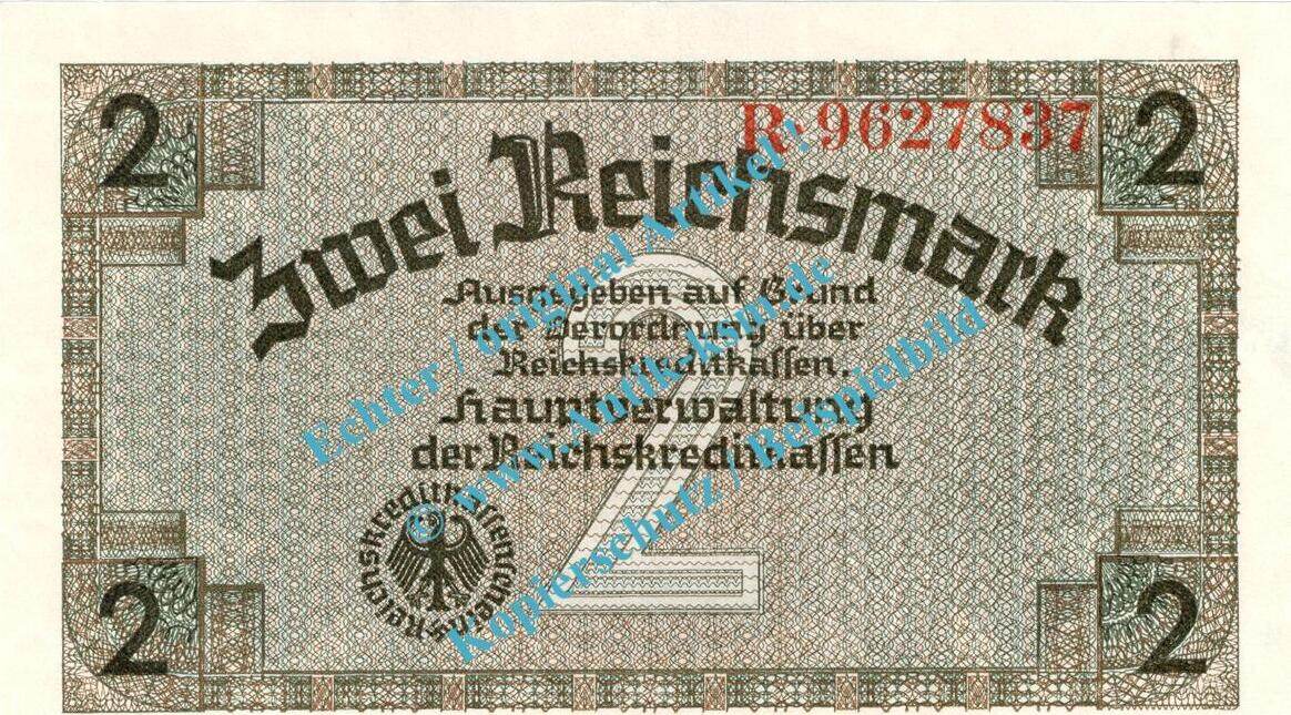 Reichskreditkasse WW2 2 Mk. o.D. Banknote, 2 Mark Schein in kfr. ZWK-3 ...
