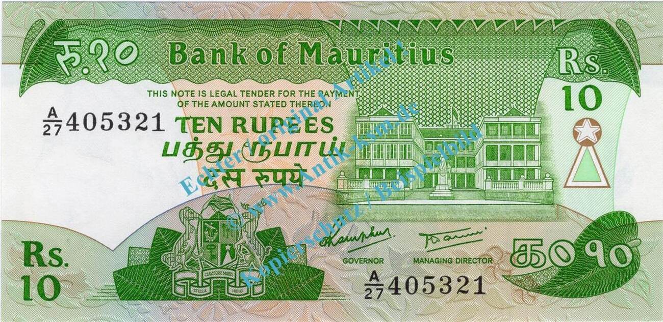 Banknote Mauritius, 10 Rupien Schein -Gebäude mit Flagge- ND 1985 in ...