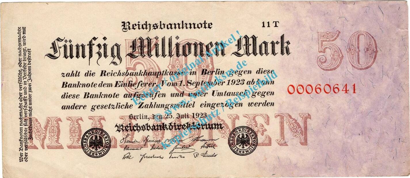 Weimarer Republik - Inflation 50 Mio. Mk. Banknote, 50 Millionen Mark ...
