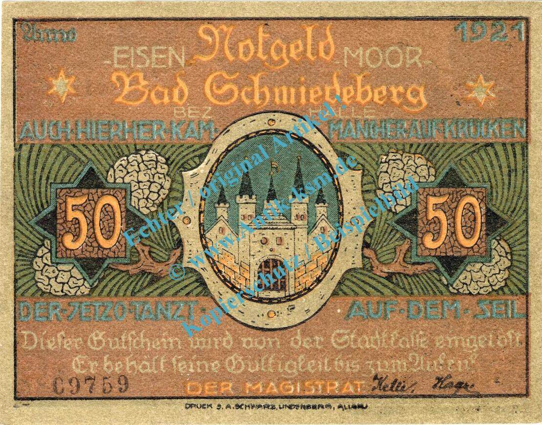 Serienscheine DE 50 Pf. Nr.6 -glanz- 1921 Schmiedeberg, Notgeld 50 ...
