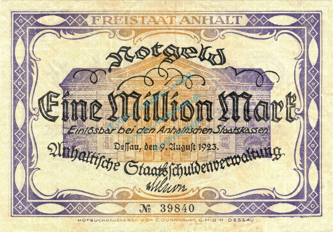 Inflation 1923 DE 1 Mio. Mk. 1923 Dessau, Banknote 1 Million Mark ...