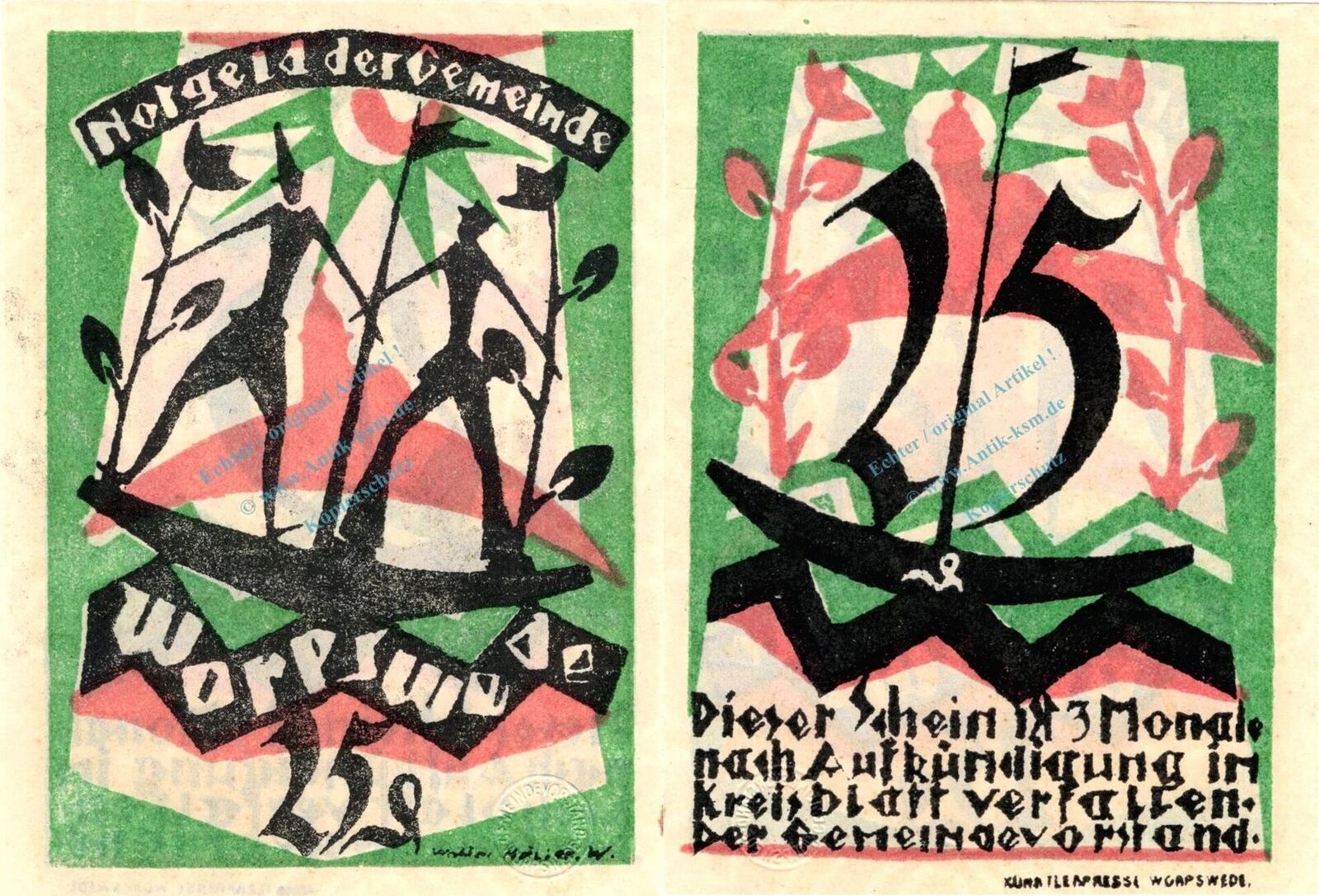 Serienscheine DE 25 Pf. -Fehldruck- o.D. Worpswede, Notgeld 25 Pfennig ...