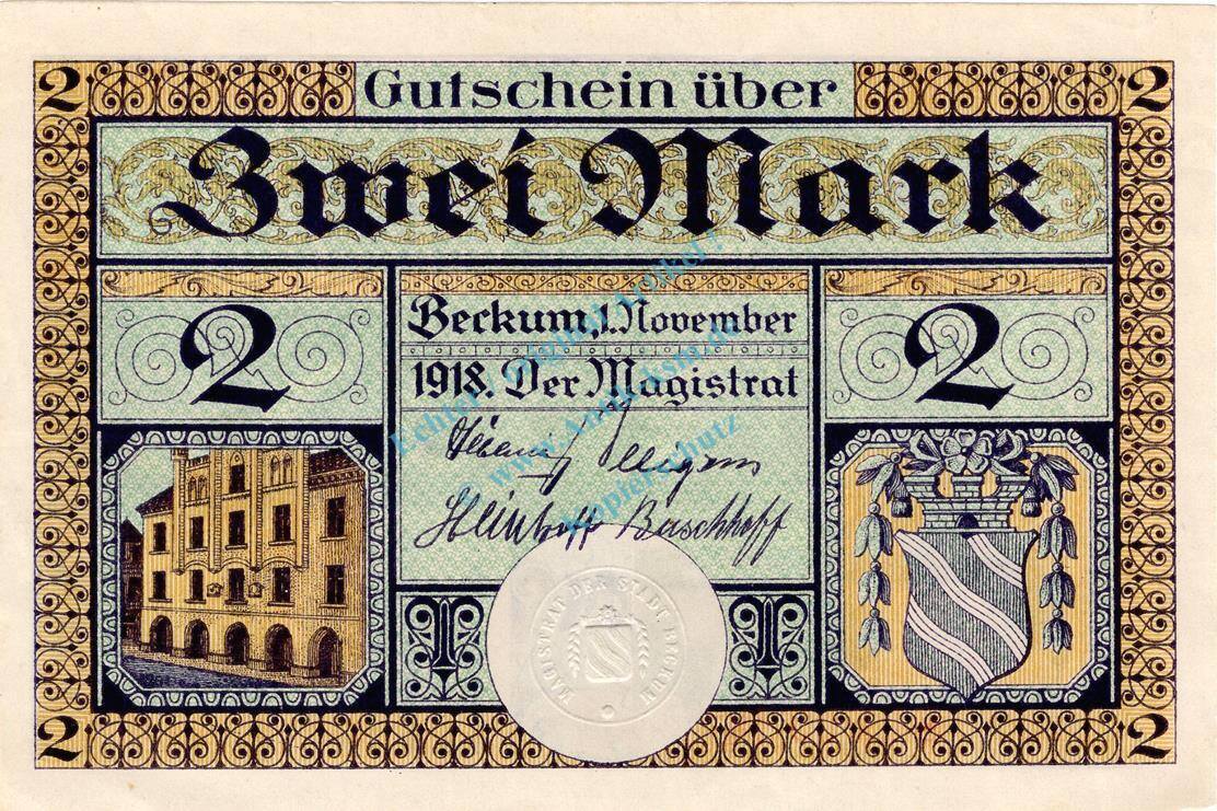 Großnotgeld 1918 DE 2 Mk. Beckum, Banknote 2 Mark Schein unc-kfr. Geiger 035.03, Westfalen von ...