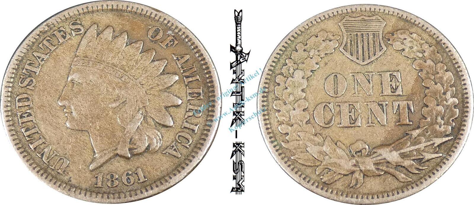 United States of America, 1 Cent Münze von 1861 -Shield above- KM.90 ss ...