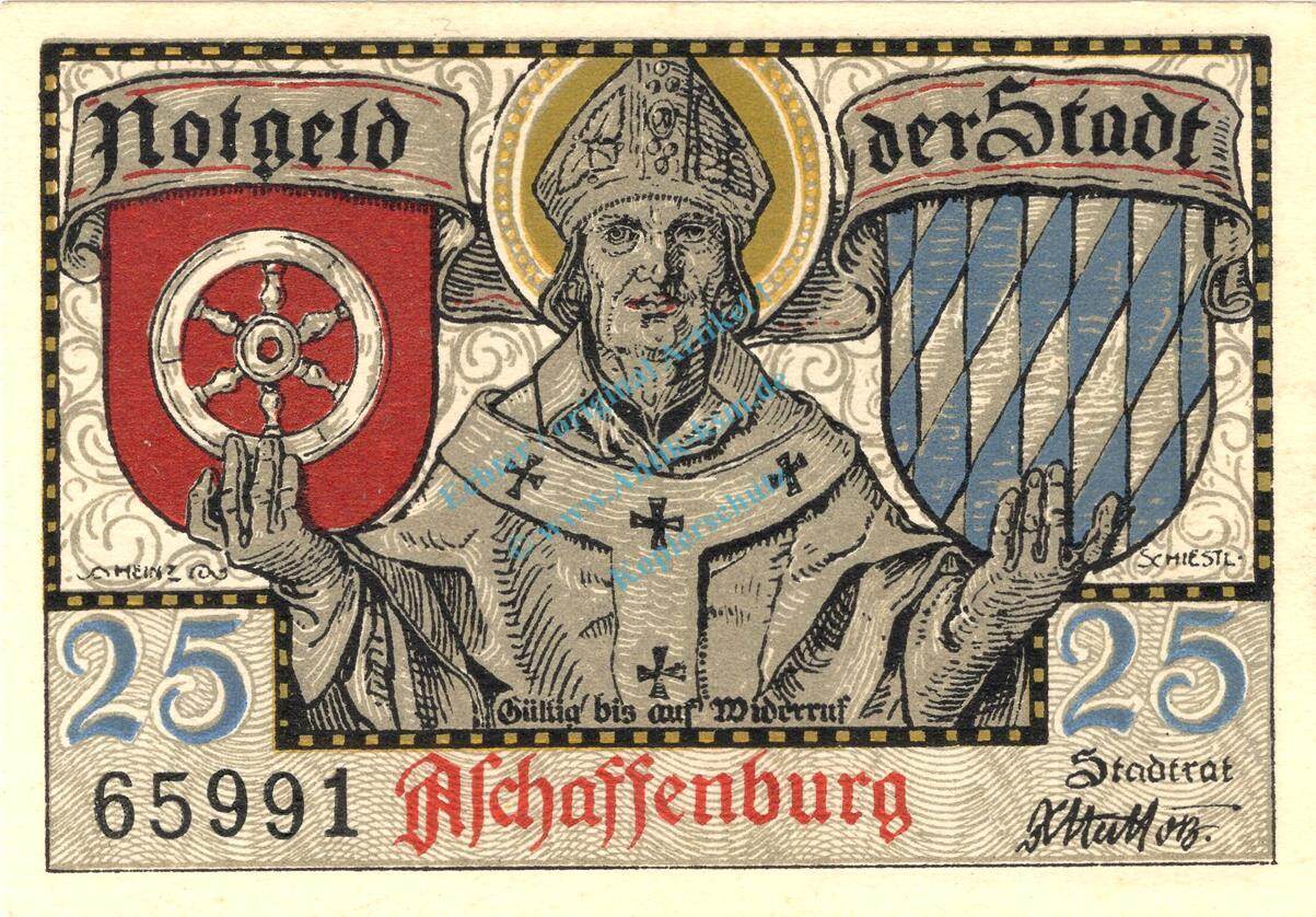 Kleingeld 1914-1922 25 Pf. Aschaffenburg, Notgeld 25 Pfennig Schein unc ...