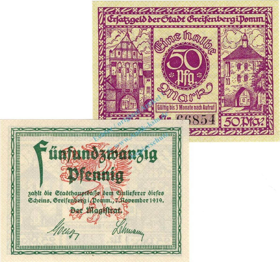 Kleingeld 1914-1922 2 Scheine kpl. Greifenberg, Notgeld Set mit 2 ...