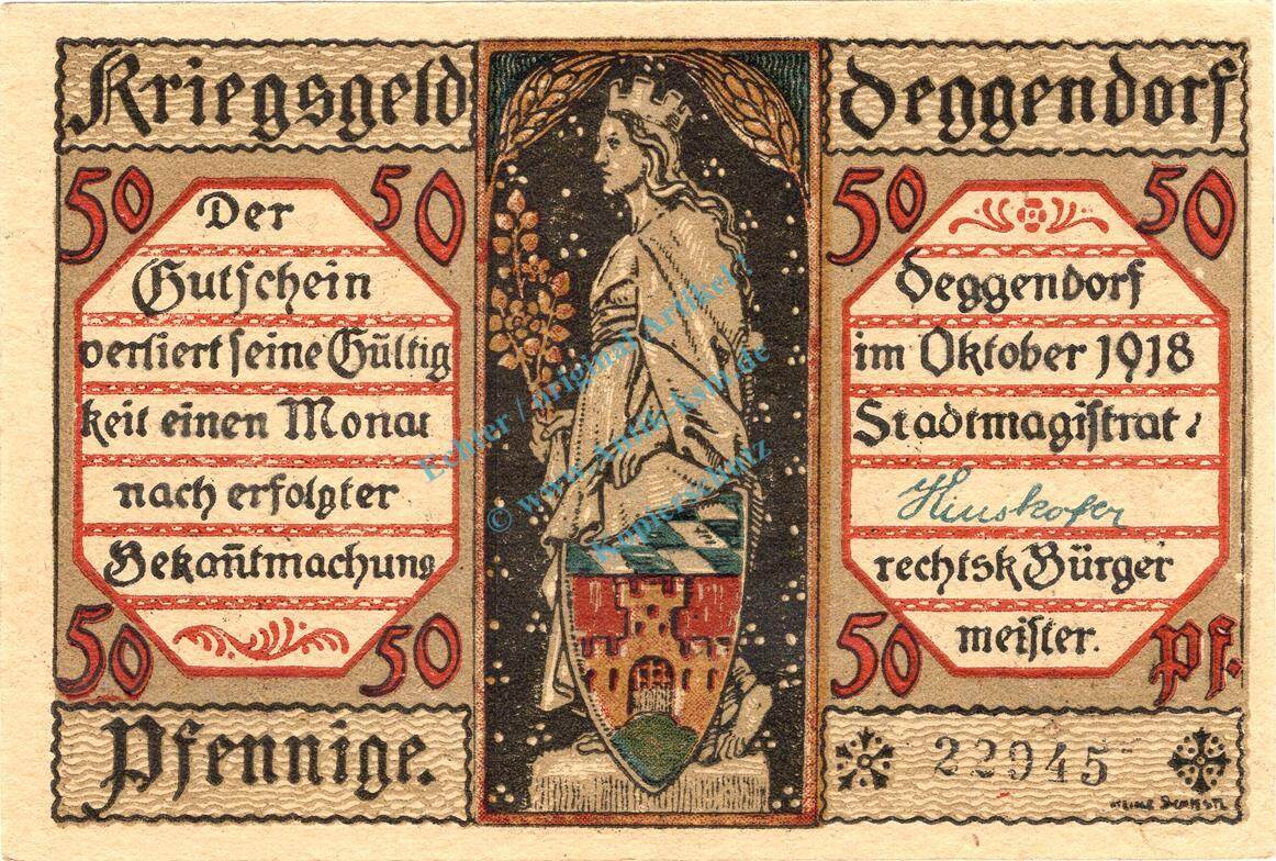Kleingeld 1914-1922 50 Pf. Deggendorf, Notgeld 50 Pfennig Schein unc ...