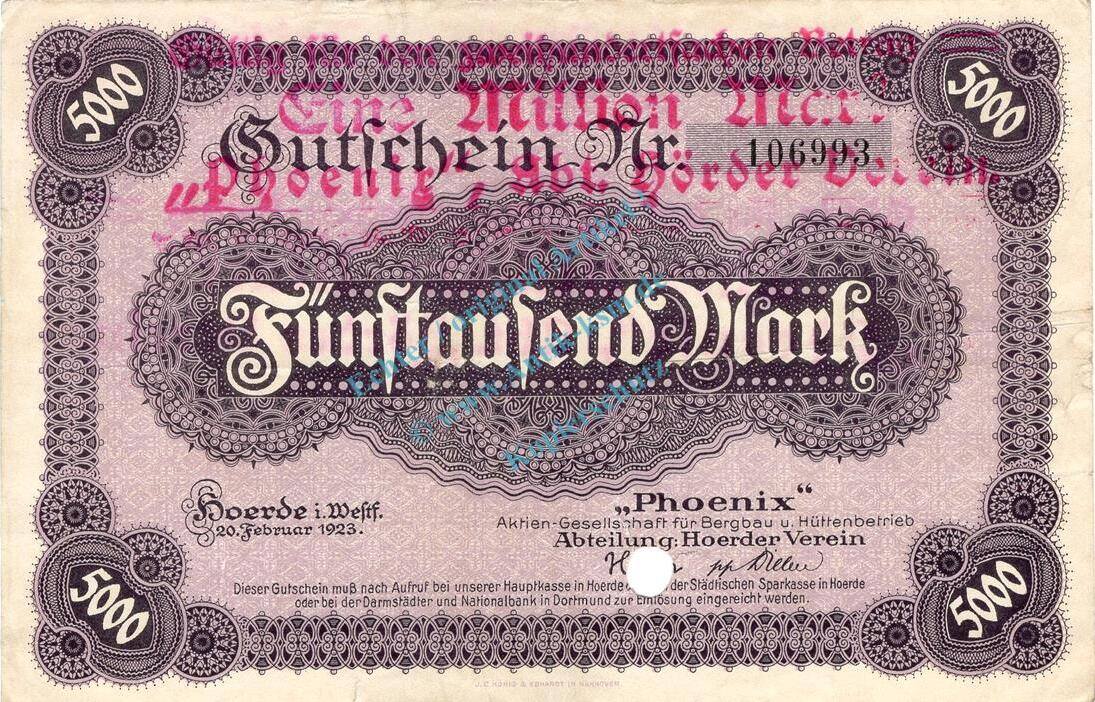 Inflation 1923 DE 1 Mio. Mk. Hörde, Banknote 1 Million Schein gbr.E ...