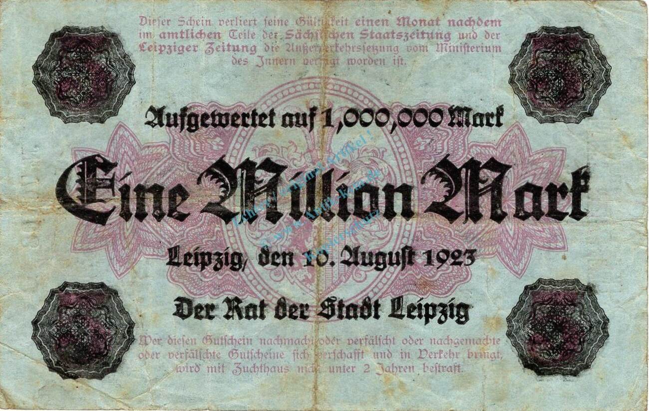 Inflation 1923 DE 1 Mio. Mk. Leipzig, Banknote 1 Million Mark Schein ...