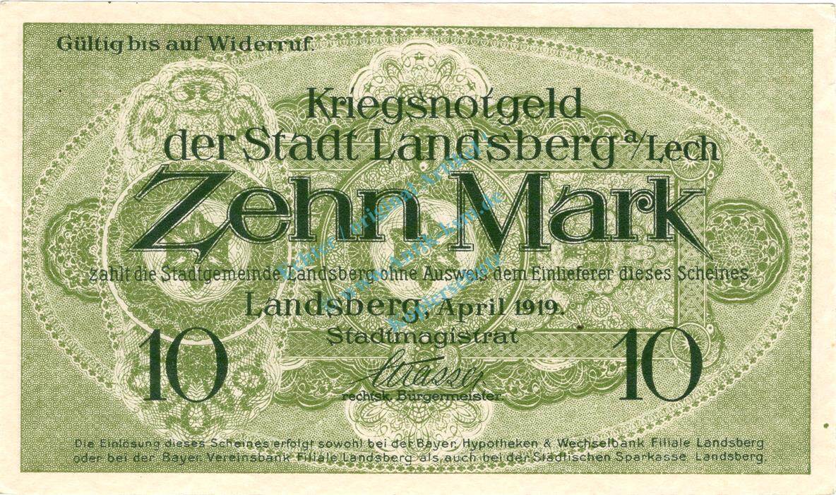 Großnotgeld 1918 DE 10 Mk. Landsberg, Banknote 10 Mark Schein unc-kfr ...