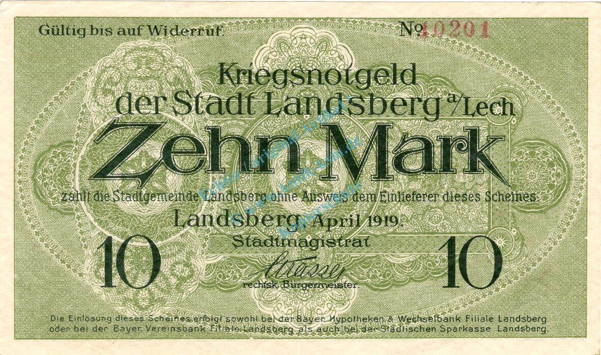 Großnotgeld 1918 DE 10 Mk. Landsberg, Banknote 10 Mark Schein unc-kfr ...