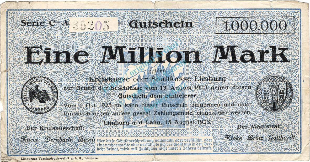 Inflation 1923 DE 1 Mio. Mk. Limburg, Banknote 1 Million Mark Schein ...