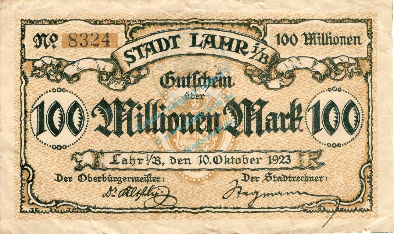 Inflation 1923 DE 100 Mio. Mk. Lahr, Banknote 100 Millionen Mark Schein ...