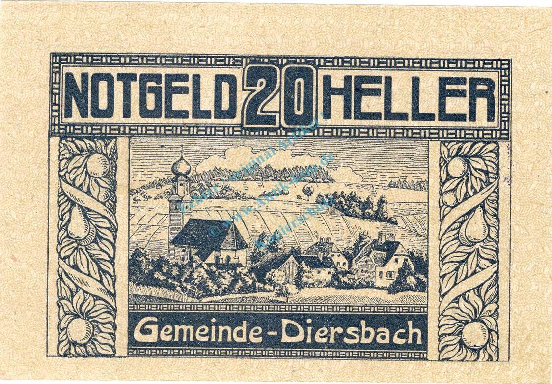 Notgeld AT 20 He. -Gem.Stpl- Diersbach, Notgeld 20 Heller -Gem.Stpl- in ...