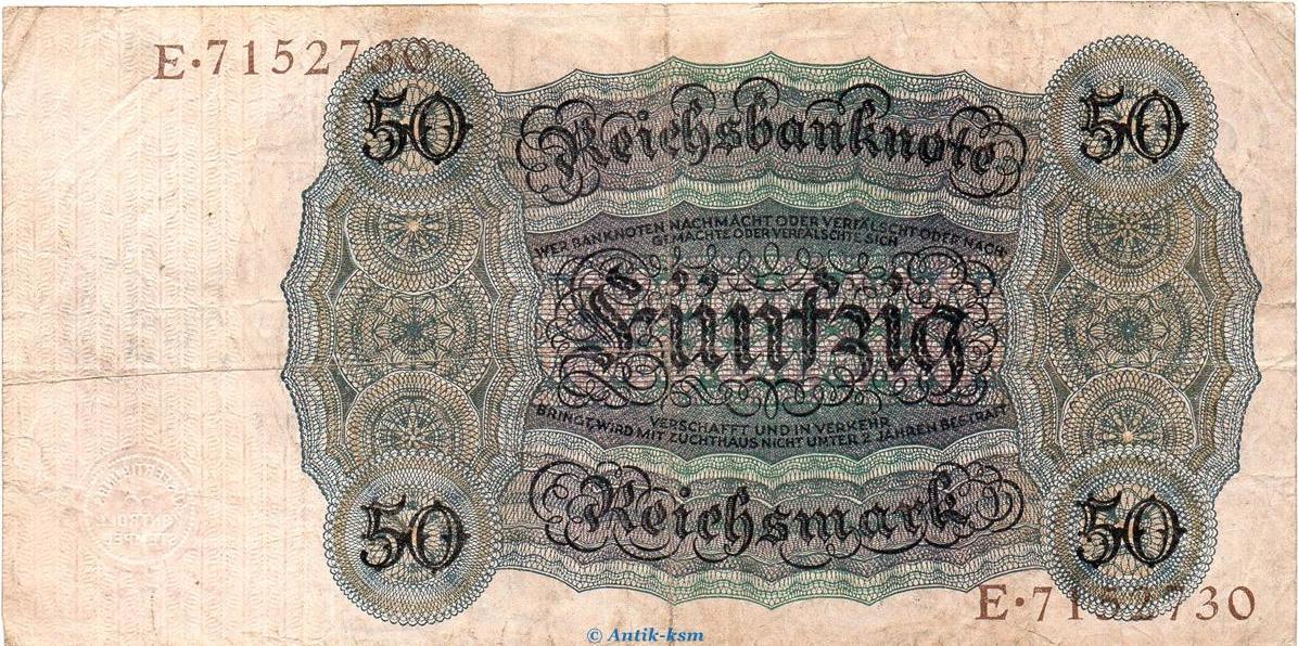deutsche Reichsbank Reichsbanknote, 50 Mark Schein D-E in gbr. DEU-176 ...