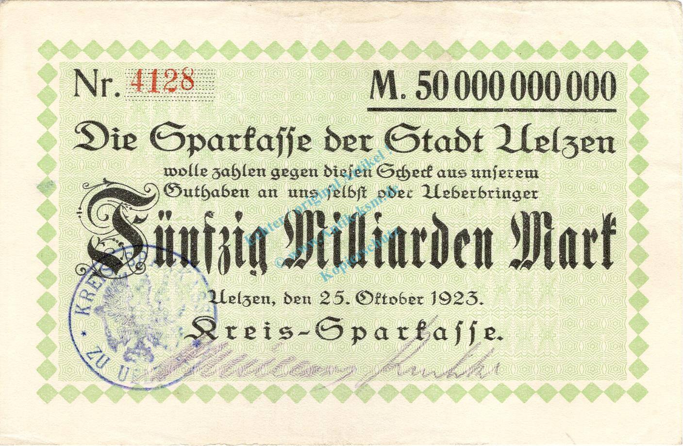 Inflation 1923 DE 50 Mia. Mk. Uelzen, Banknote 50 Milliarden Mark ...