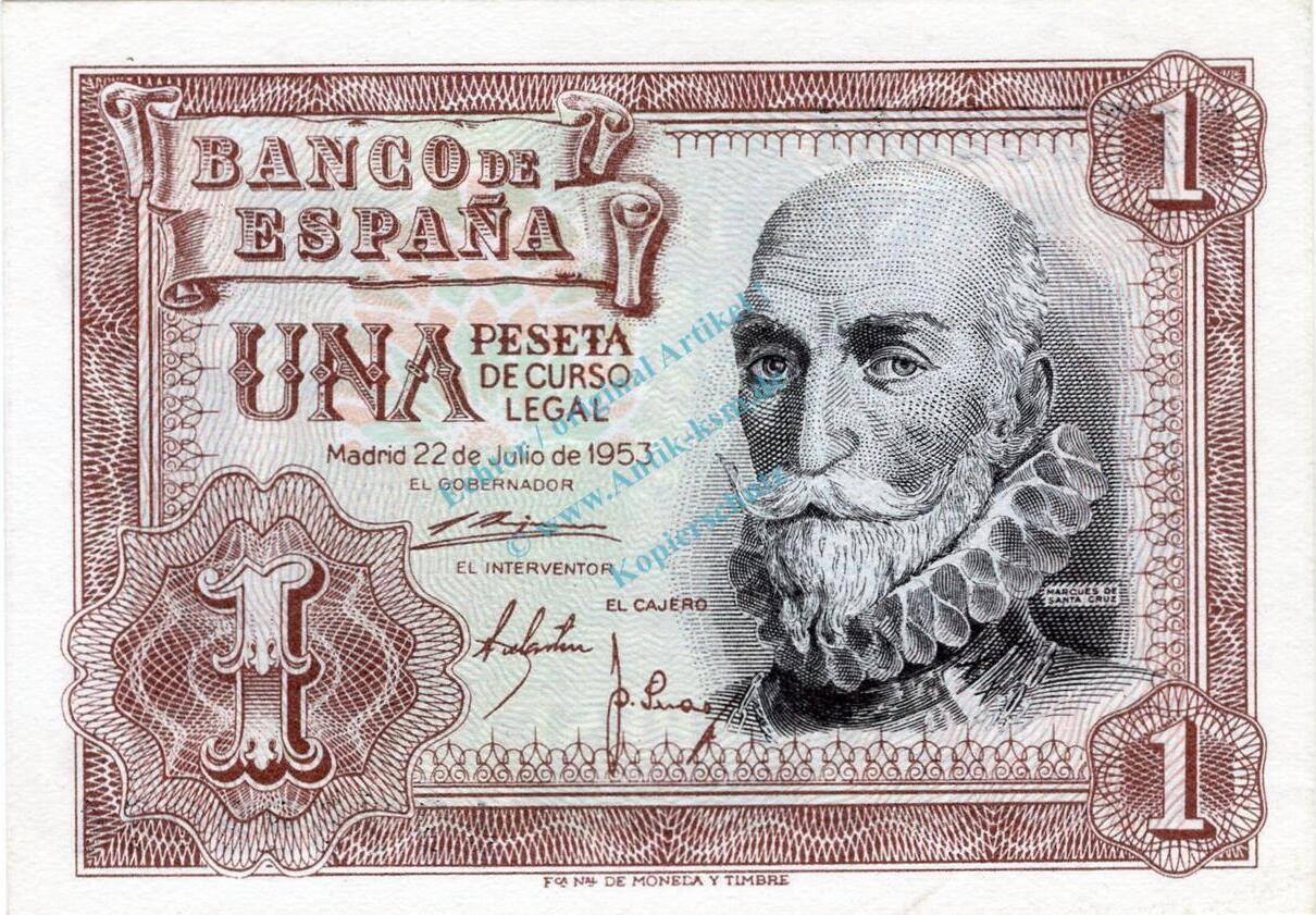Spanien - Spain Banknote Spanien, 1 Peseta Schein 1953 -Santa Cruz- unc ...