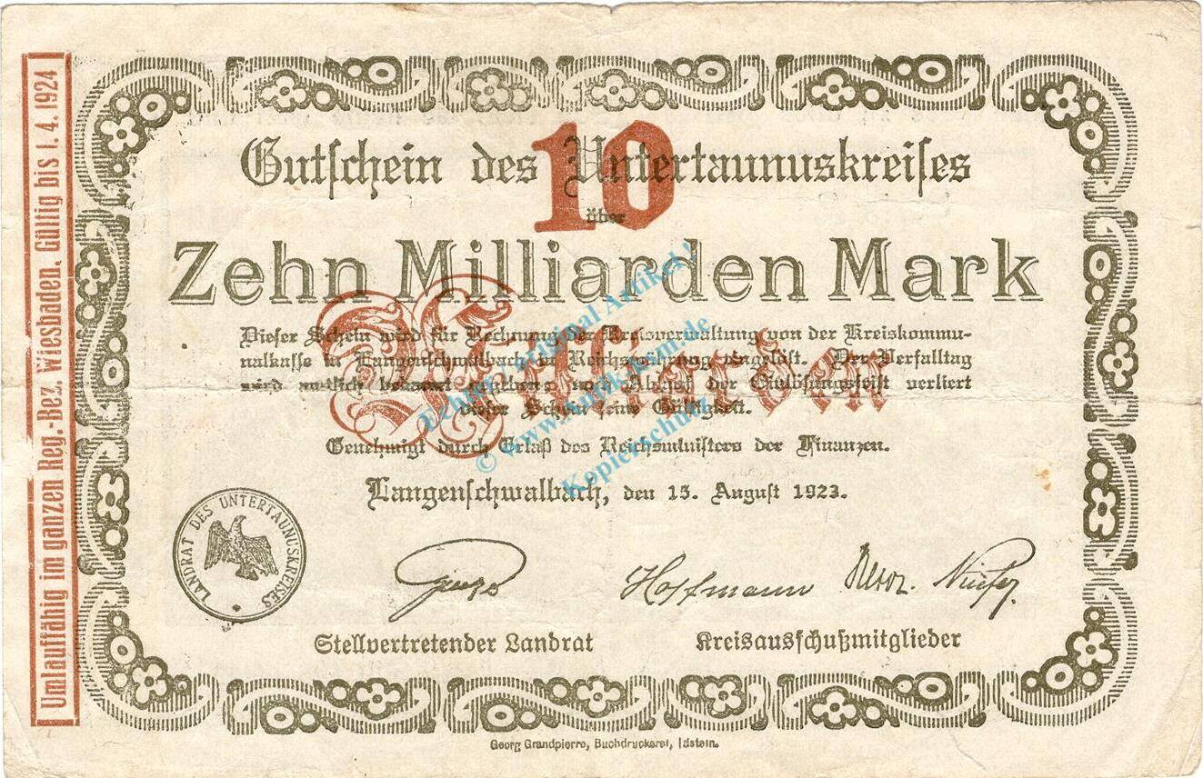 Inflation 1923 DE 10 Mia. Mk. 1923 Langenschwalbach, Banknote 10 ...