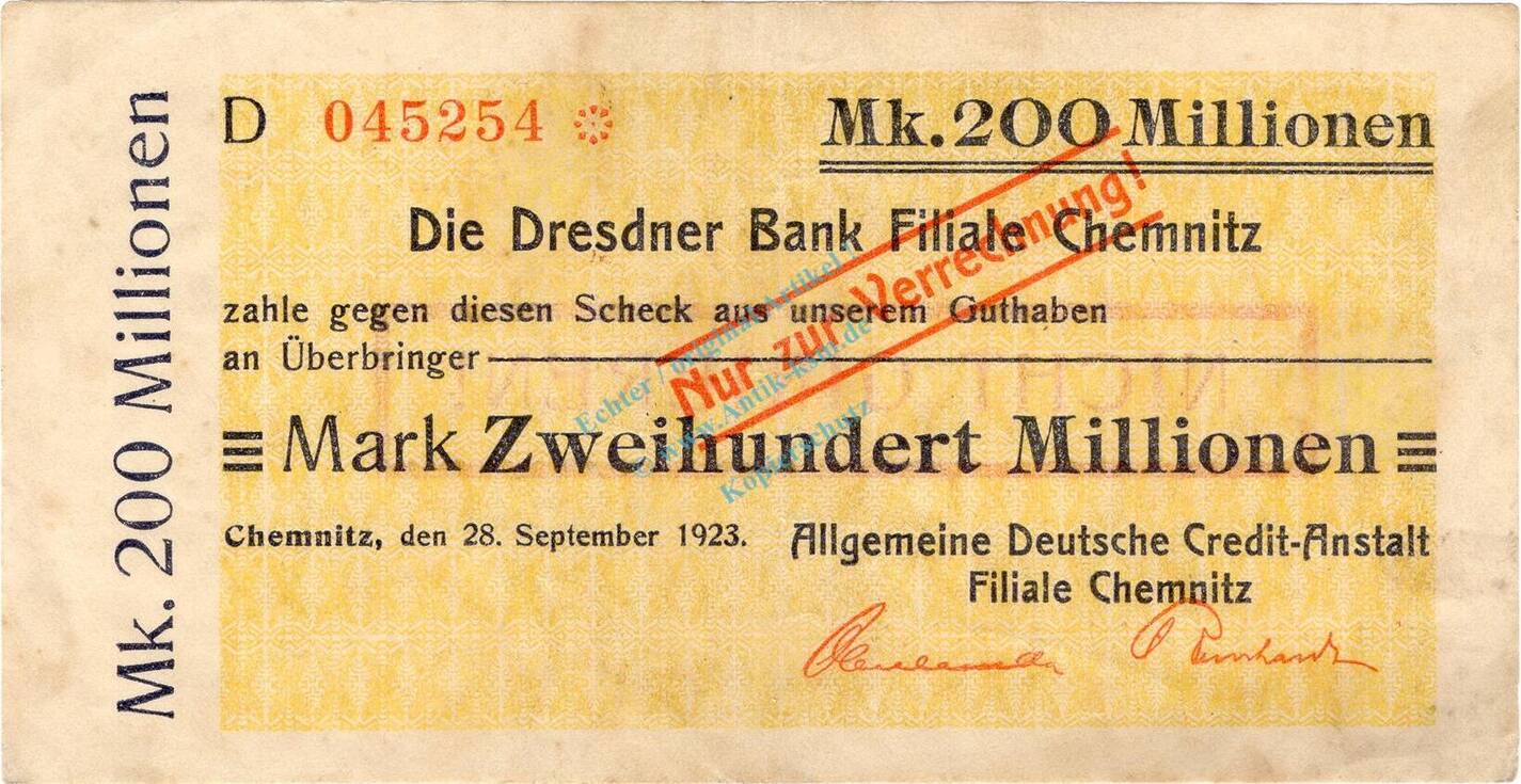 Inflation 1923 DE 200 Mio. Mk. Chemnitz, Banknote 200 Millionen Mark ...
